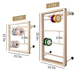 Kelendle 4 Tier Wall Mounted Wooden Ribbon Organizer Rack Wood Lace Dispenser Rolls Curling Spool Storage Container Embroidery Thread Holder Stand