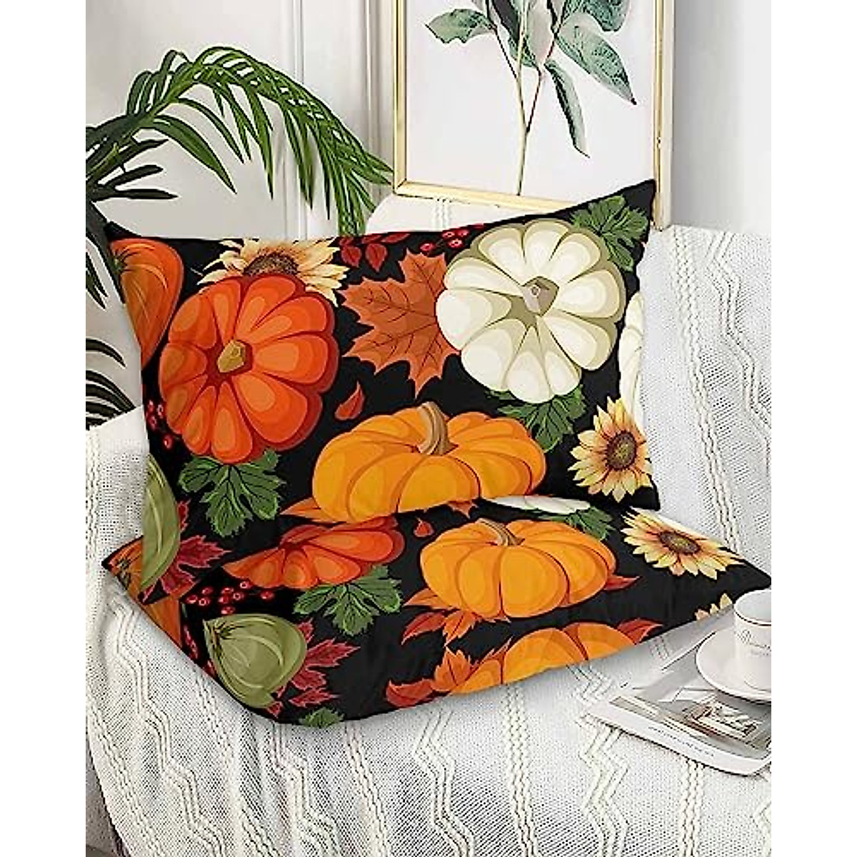 Edwiinsa Thanksgiving Pillow Covers King Standard Set of 2 Bed Pillow, Farmhouse Black Pumpkin Maple Leaves Plush Soft Comfort for Hair/Skin Cooling Pillowcases with Envelop Closure 20''x36''