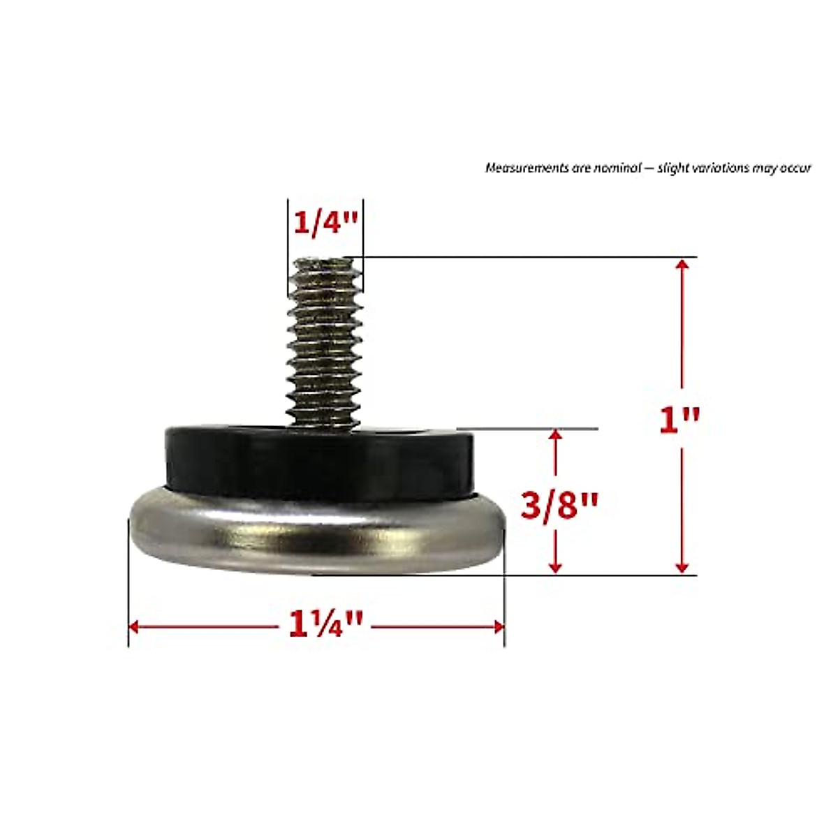 Shepherd Hardware 9451 1-1/4-Inch Threaded Stem Furniture Glides, 1/4-Inch Stem Diameter, Metal Base with Rubber Cushion, 4-Pack,Silver