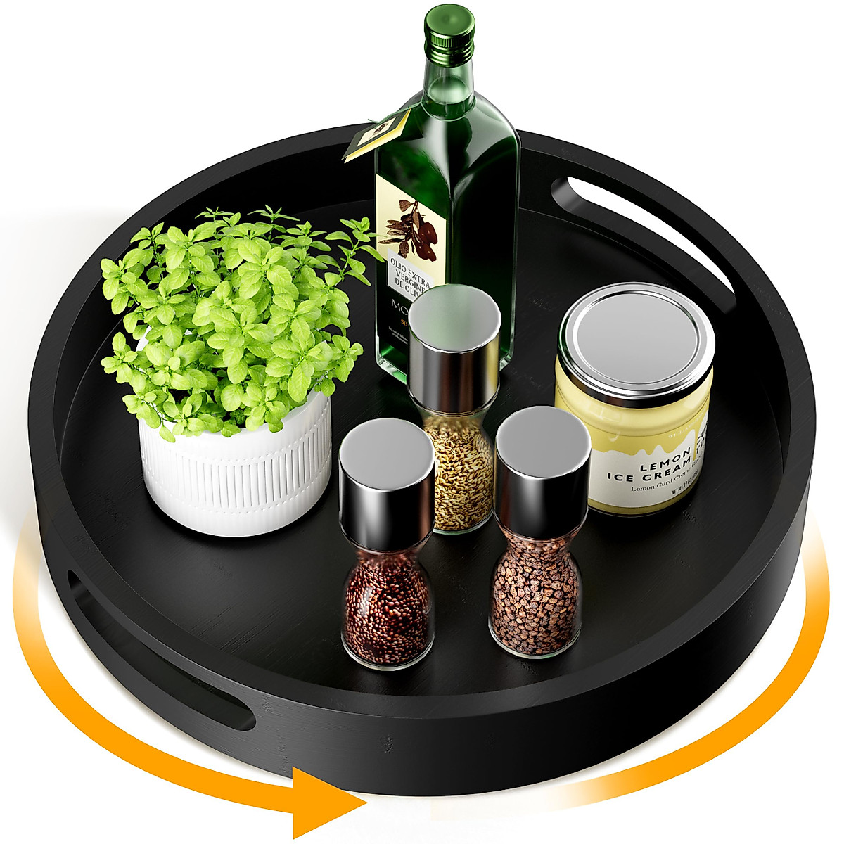 Homerays 12 Inch Lazy Susan Organizer, Kitchen Rotating Spice Rack, Bamboo Lazy Susan with Double Handles for Kitchen Cabinet (Black, Medium)