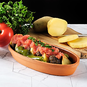 CRYSTALIA Handmade Clay Cooking Pan, Roaster Natural Ceramic Pan for Sausage Fish, Turkish Terracotta Bowl, Glazed Interior Clay Food Serving Dish