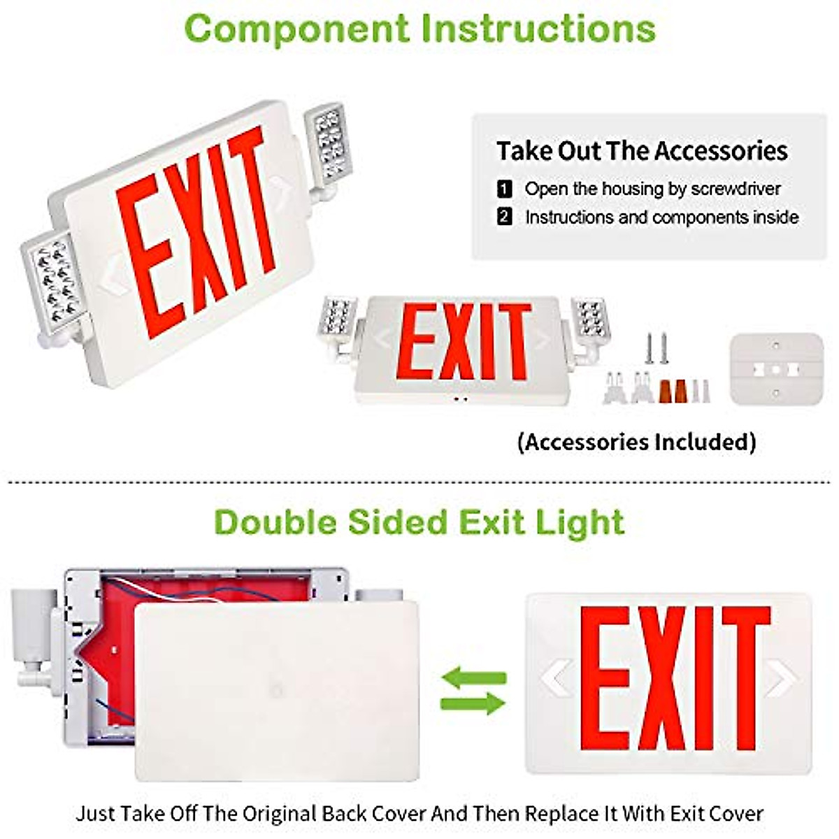Hykolity Red Exit Sign, 120-277V Double Face LED Combo Emergency Light with Adjustable Two Head and Backup Battery - 4 Pack