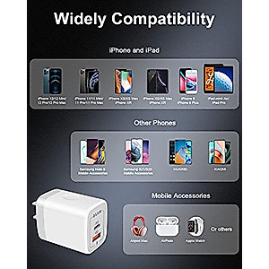 3Pack Dual Port USB-C Wall Plug-in USB Charger, AILKIN 20W Power Delivery + QC3.0 USB A Double Port Fast Charging Block for iPhone 14 13 12 Pro Max 14 Pro 12 Mini 14 11 Pro Max 14 Plus 11 SE X XS Cube