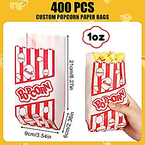 Potchen 402 Pcs Popcorn Machine Supplies Set Including Stainless Steel Popcorn Scoop, 400 Pcs 1oz Popcorn Bags Bundle and Popcorn Shaker Dredge with Handle for Commercial and Home Use
