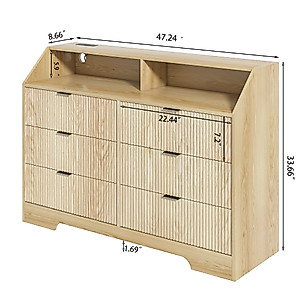 Dresser for Bedroom Wood 6 Drawer Dresser with Charging Station, Accent Fluted Drawer Dresser Bedroom Dresser, Wooden Chest of Drawers Mid Century Modern Storage Dressers Chest for Living Room
