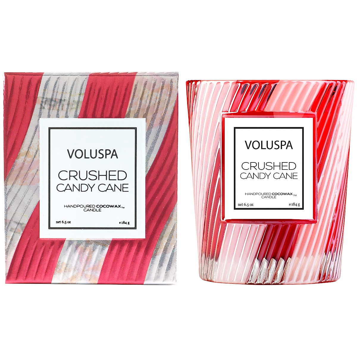 Voluspa Crushed Candy Cane Candle | Classic Boxed Candle | 6.5 Ounces | 40 Hour Burn Time | All Natural Wicks and Coconut Wax for Clean Burning | Vegan | Non-Toxic