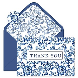 Whaline 24 Packs Floral Thank You Cards Blue White Chinoiserie Flower Greeting Cards Blank Note Cards with Envelopes and Stickers for Wedding Birthday Baby Shower Party, 4 x 6 Inch