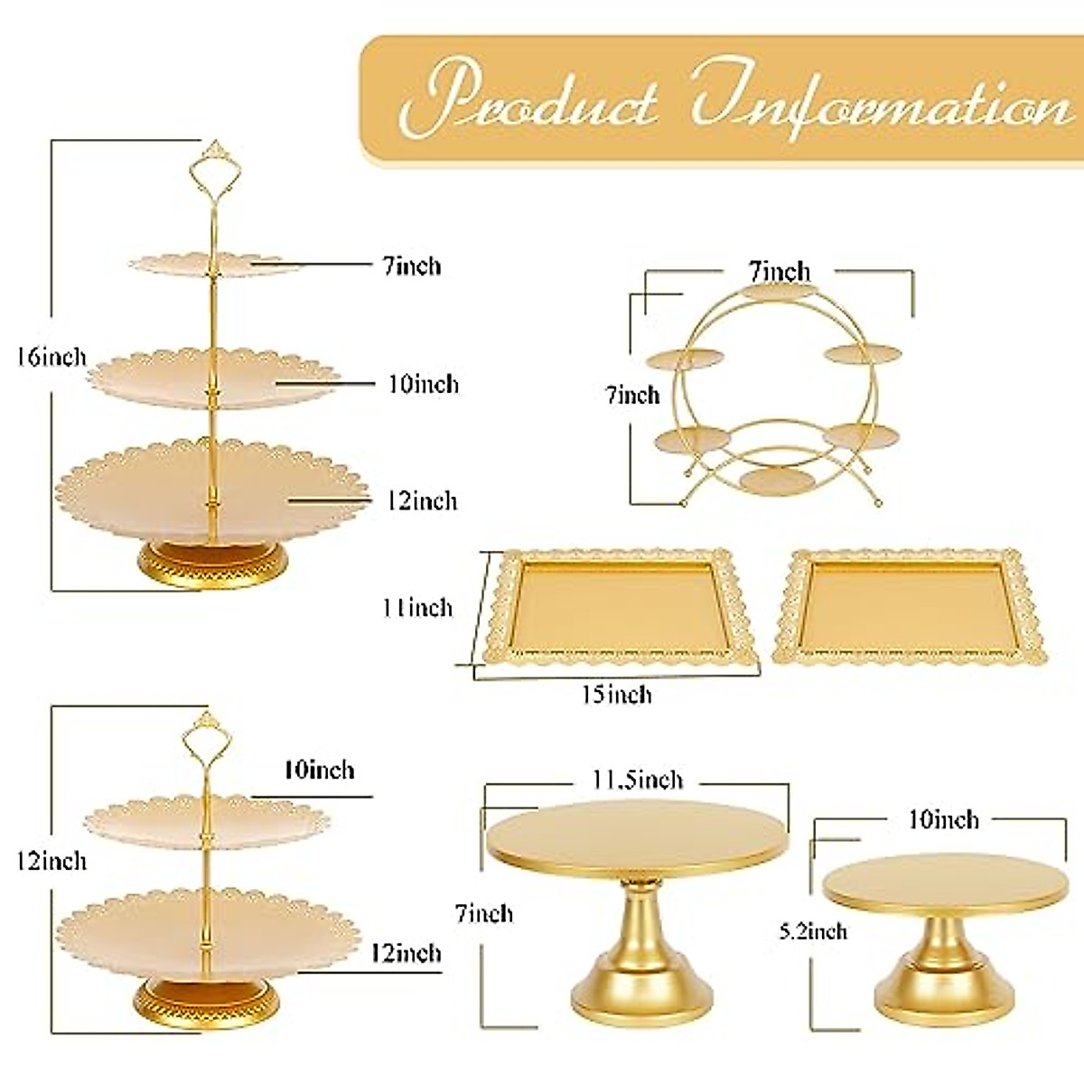 7Pc Cake Stand Set Gold Metal Dessert Table Display Round Tiered Gold Cupcake Stand Macaron Ferris Wheel Holder Cookies Serving Trays Fruit Plates for Tea Party Wedding Birthday Baby Shower Decoration