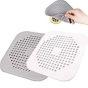 Hair Catcher,Square Drain Cover Silicone Drain Tub Stopper,for Bathtubs & Showers,Filter Shower Drain Protection Flat Strainer Stopper with Suction Cups for Kitchen Sinks (1 Grey + 1 White)