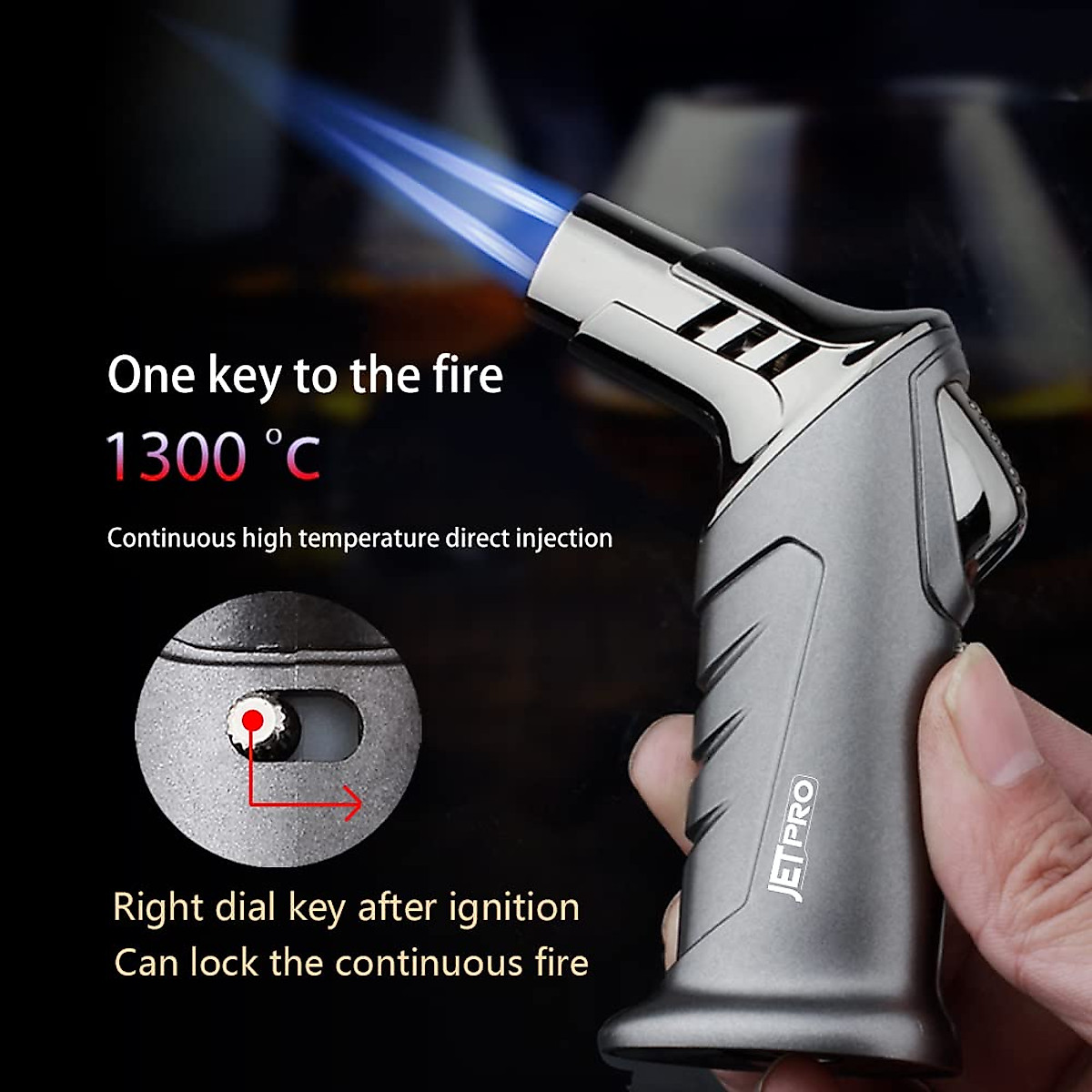 JETPRO Butane Torch with Fuel Gauge Refillable Kitchen Torch Lighter with Fire Locking Device and Adjustable Flame One-Handed Operation Blow Torch for Grill, BBQ(Butane Gas is Not Included) (Gray)