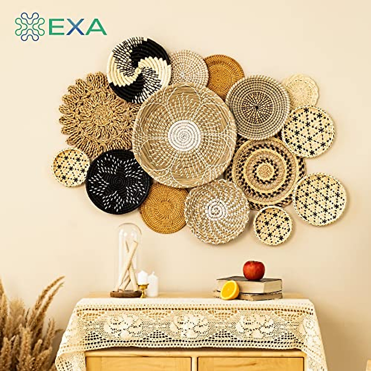 EXA Set of 15 Hanging Woven Wall Basket Decor Summer Bloom Round Decorative Large Wall Decor - Handmade Seagrass Baskets - Rattan Wall Art, Flat Wicker Woven Basket Wall Decors for Boho Farmhouse