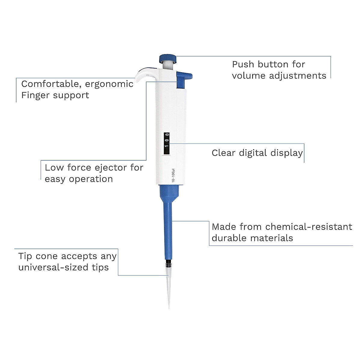 MicroPipette Kit: 3 IVYX Scientific Pipettors (0.5-10μl; 10-100μl; 100-1000μl), Adjustable Single Channel Multi-Volume Autoclavable Pipettes