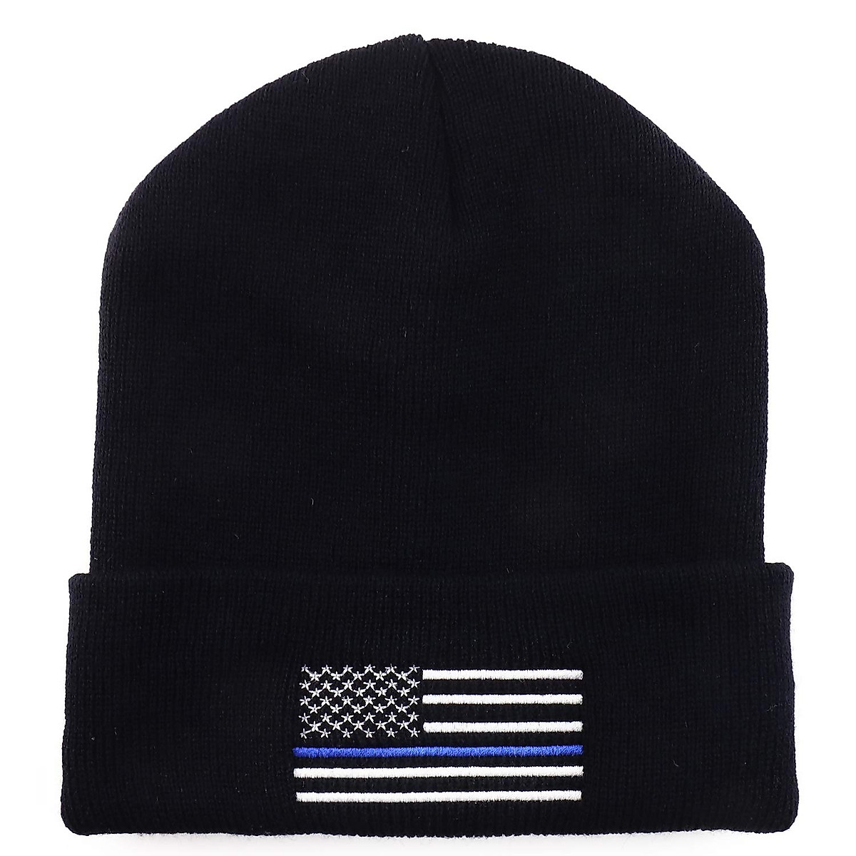 Armycrew Thin Blue Line TBL Flag Embroidered Cuff Long Beanie - Black