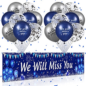 Blue We Will Miss You Party Decorations Navy Blue Silver We Will Miss You Banner and 18Pcs Good Luck We Will Miss You Balloons for Farewell Going Away Retirement Graduation Goodbye Party