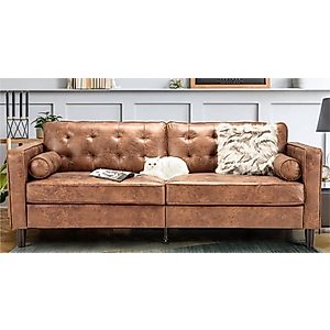 Esright 84.2”Mid-Century Sofa Couch,Tufted Synthetic Suede Fabric Modern Couch with 2 Bolster Pillows, Sofas Couches for Living Room,Apartment,Dorm & Office,Saddle Brown
