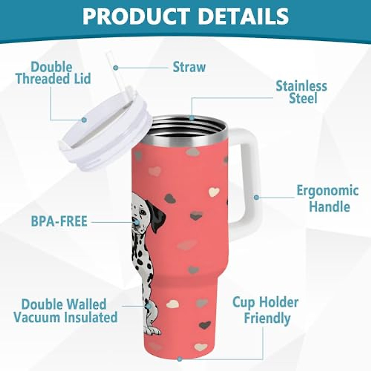 Maunzc 40 oz Tumbler with Handle and Straw, Insulated Stainless Steel Travel Mug with Lid for Coffee, Iced Tea, Water, Gift for Men Women (Cute Spotted Dog)