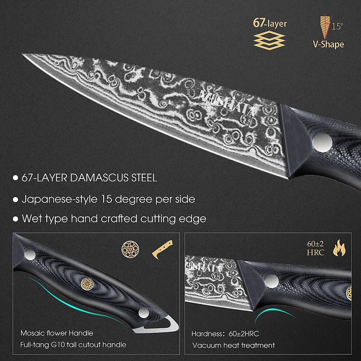 MOSFiATA Damascus Paring Knife 3.5 inch Fruit Knife with Gift BoX
