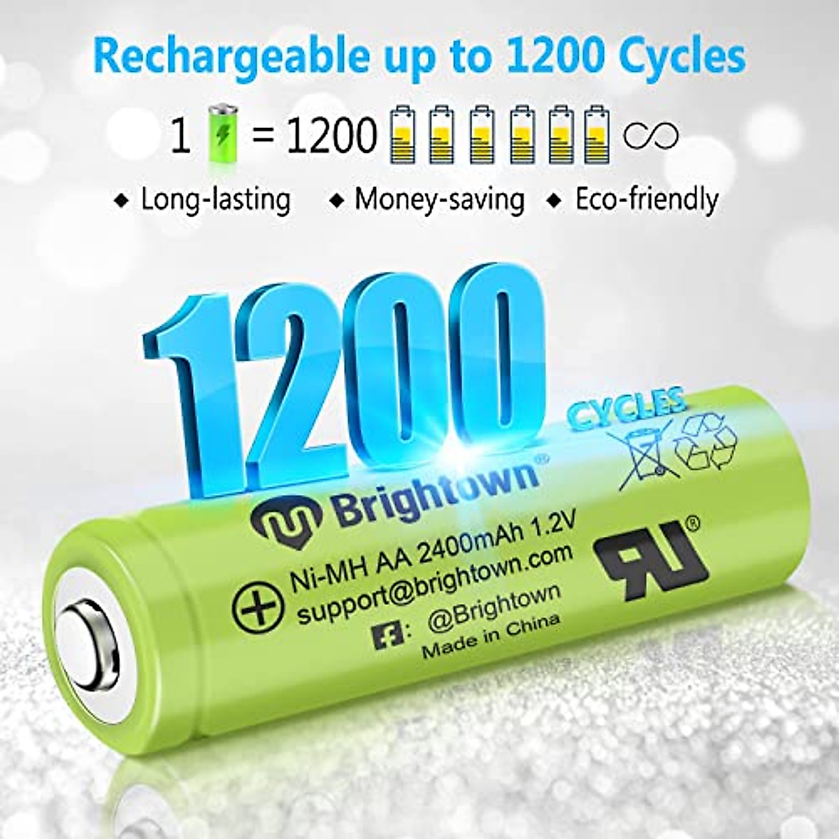 Brightown 12-Pack Rechargeable AA Batteries, 2400mAh High Capacity Precharged NiMH Double A Rechargeable Batteries for Solar Lights Household Devices, Recharge up to 1200 Cycles, UL Certified, 1.2V