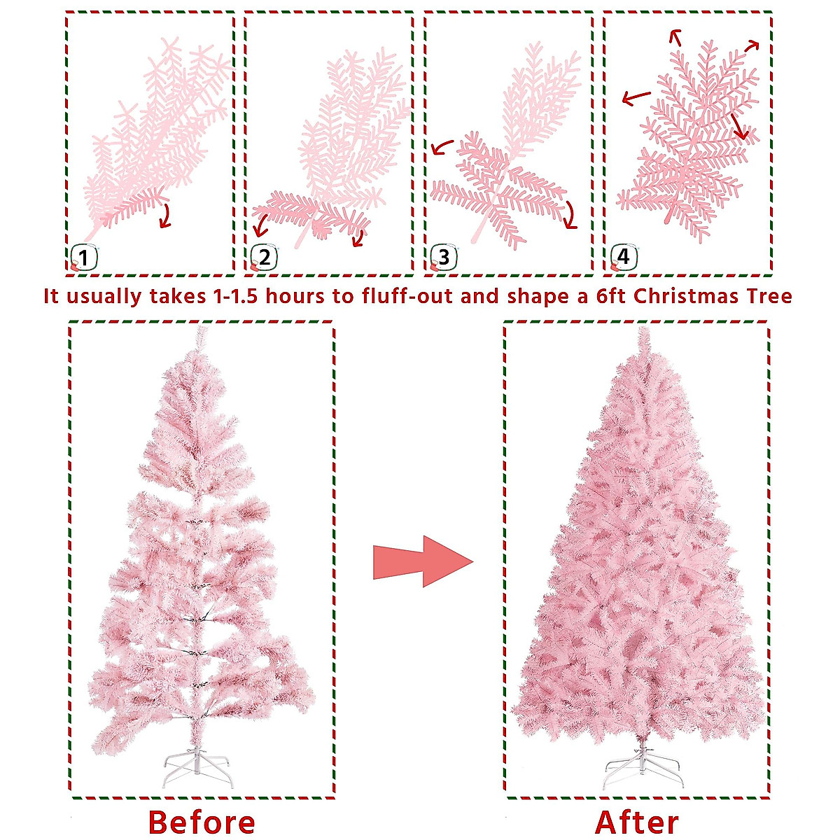 Yaheetech 6ft Pink Artificial Christmas Pine Tree Seasonal Holiday Carnival Home Party Decoration for Home, Office, Party Decoration Indoor Outdoor with 818 Branch Tips and Foldable Stand