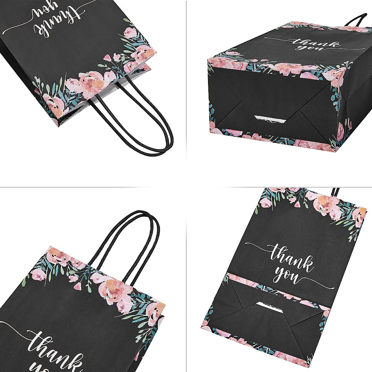 50 Pack Small Black & Floral Thank You Paper Gift Bags with Handles and 24 Sheets Pink Tissue Paper for Small Business, Shopping, Wedding, Baby Shower, Party Favors ( Small 9''x5.5''x3.15'', Black Floral)