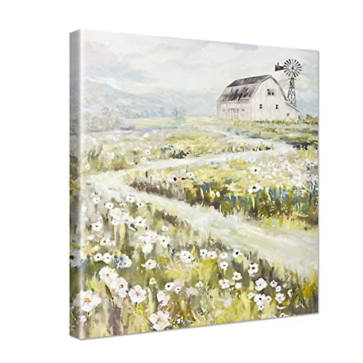 Hi.I.U.88 Rustic Wall Decor Old White Barn Canvas Art Painting with Windmill Bathroom Deco Pictures for Farmhouse Bedroom Framed Ready to Hang (Green, 12X15In), 12X15In