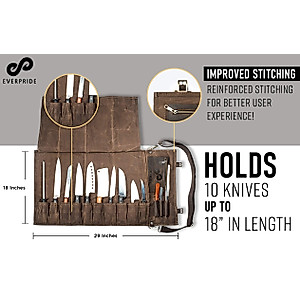 EVERPRIDE Waxed Canvas and Leather Chef Knife Roll Bag – Chef Bag Holds 10 Knives up to 18” PLUS Pocket for Cooking Accessories – Durable Knife Case for Professional Chefs – Knives Not Included