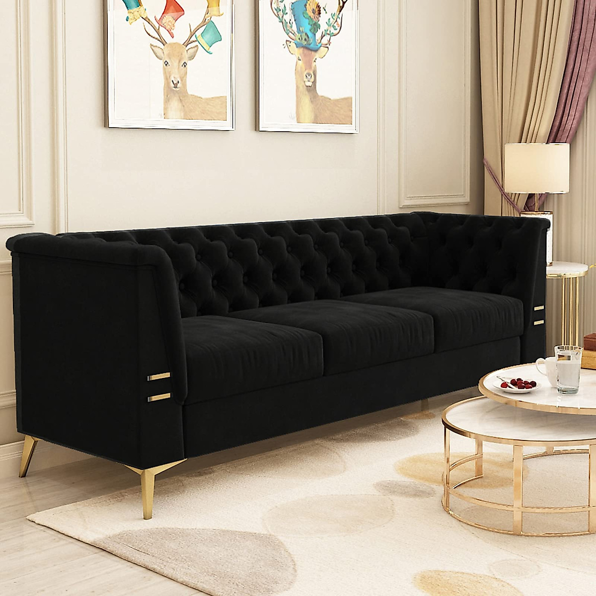 Tomkate Chesterfield Sofa, 82" Velvet Upholstered 3 Seater Couches with Flared Arms and Removable Cushions, Mid-Century Modern Sofa Couch with Solid Wood Frame and Gold Legs for Living Room (Black)