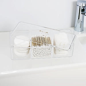 ZEXALOR Clear Bathroom Dresser Organizer - Cotton Ball Swab Holder with 3 Divided Compartments&Lid, , Waterproof Transparent Small Plastic Storage Containers, Vanity Makeup Organization (Clear)
