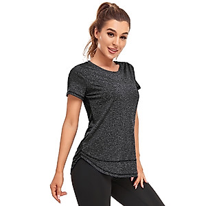 Abrooical Women's Short Sleeve Workout Shirt Yoga T-Shirt Athletic Tee Top Round Neck Wicking Sports Tees Black Large