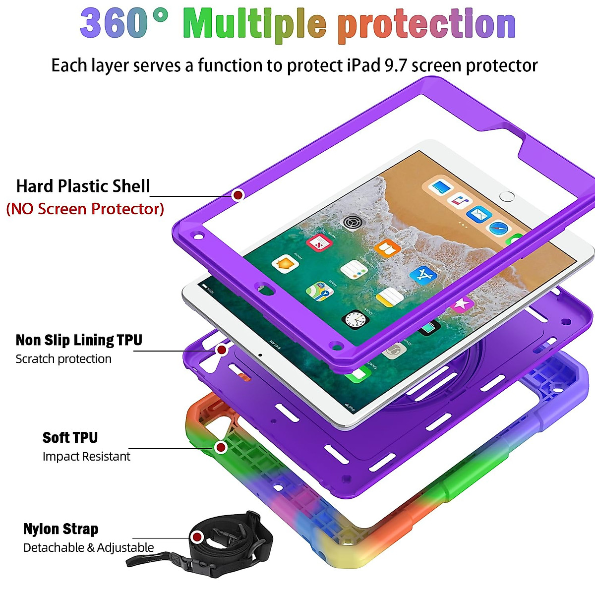 BMOUO Case for iPad 6th/5th Generation Case (9.7 inch, 2018/2017), 360°Rotating Stand, Hand/Shoulder Strap Shockproof iPad 9.7” Case for iPad Air 2, Purple