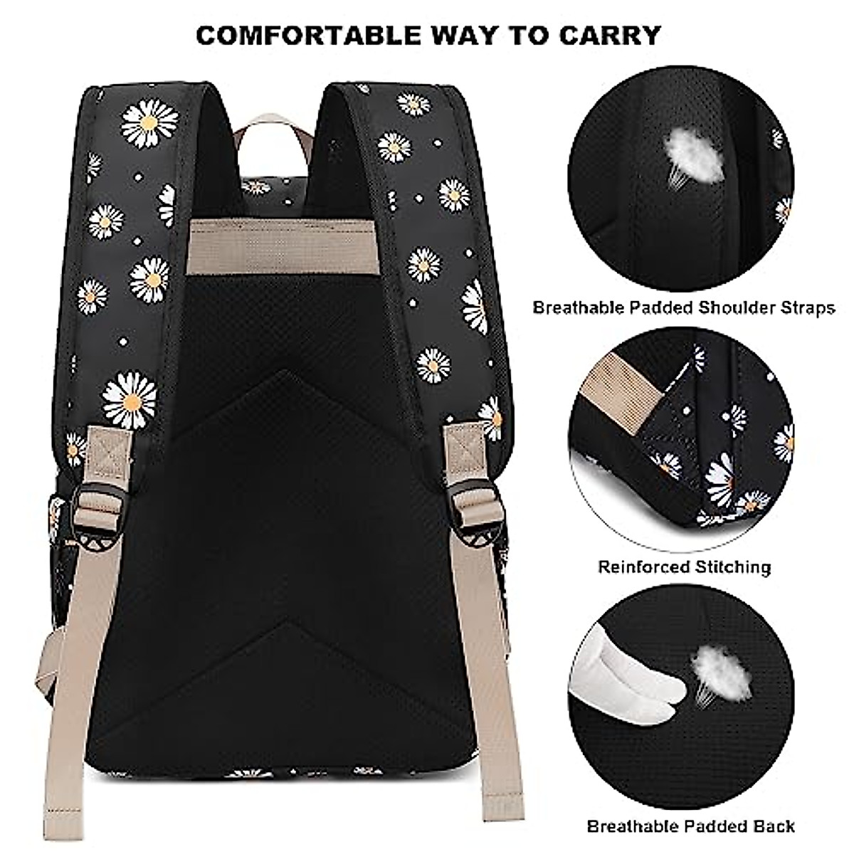 Kouxunt Daisy Laptop Backpack for Women Girls, 15.6 inch College School Backpacks Travel Casual Daypack (Black)