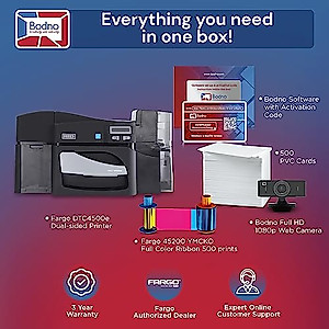 Fargo DTC4500e Dual Sided ID Card Printer & Complete Supplies Package with Bodno ID Software - Silver Edition