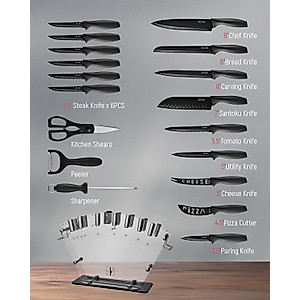 EUNA Kitchen Knife Set, 19 PCS Black Knife Set with Acrylic Block and Sharpener, German High-Carbon Stainless Steel Knife Sets with 6 Serrated Steak Knives, Bread Knife, Chef Knife, Dishwasher Safe