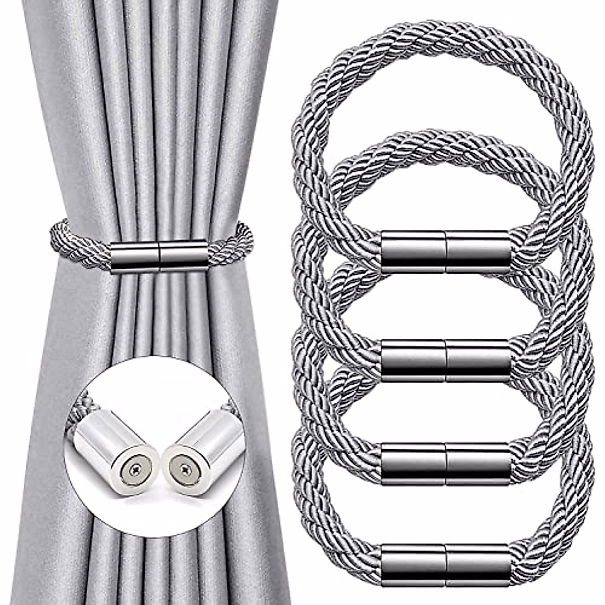 4 Pack Magnetic Curtain Tiebacks Convenient Drape Tie Backs Weave Holder for Window Draperies Hold Curtains Drape Ties Backs 16 inch Holdback (Sliver Gray)