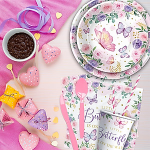 HIPVVILD Butterfly Baby Shower Decorations - A Little Butterfly Is On The Way Party Supplies, Plate, Napkin, Tablecloth, Fork, Pink Floral Butterfly Baby Girl Table Decorations Tableware | Serve 24