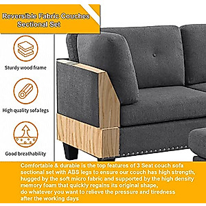 Flesser Small Sectional Sofa with Chaise Lounge Sofa and Convertible Ottoman L Shape Living Room Small Couches 3 Seat Sofa Couch for Home Office, Right Facing Couch in Dark Grey