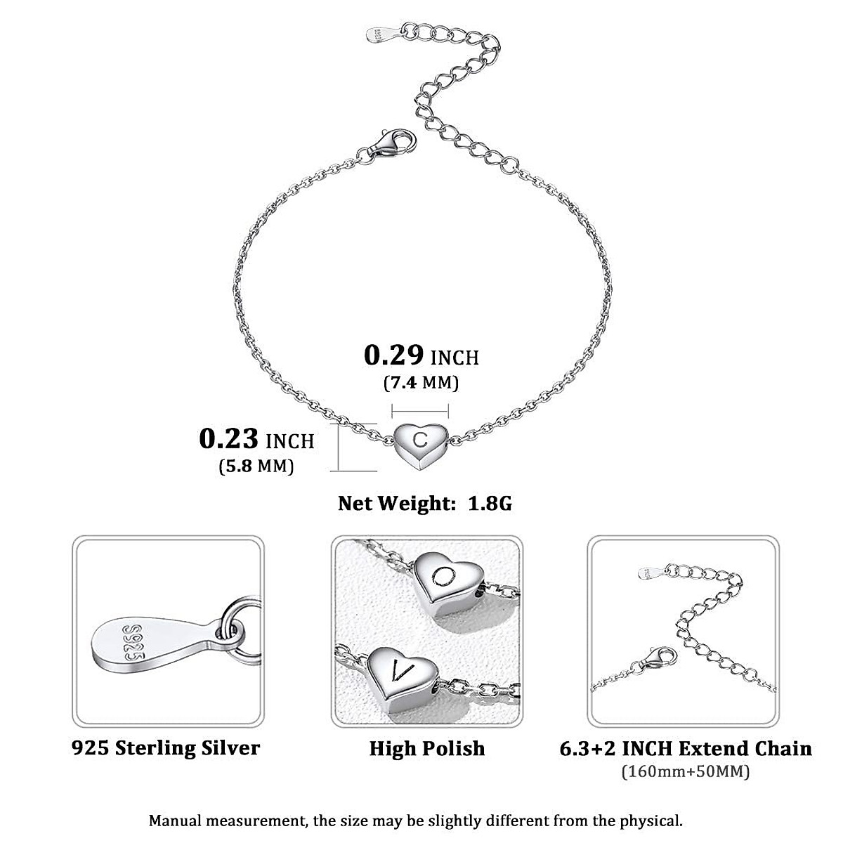 ChicSilver Womens Heart Bracelet 925 Sterling Silver Simple Letter C Alphabet Heart Charm Bracelet Dainty Heart Initial Bracelet