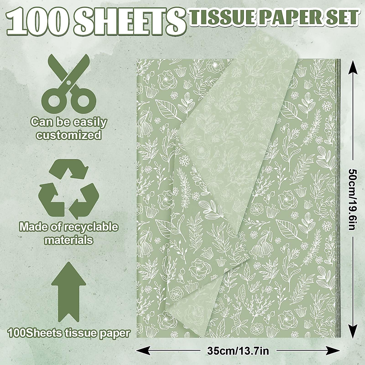 AnyDesign 100 Sheets Sage Green Wildflower Tissue Paper Green White Floral Gift Wrapping Paper Bulk Botanical Greenery Flower DIY Art Craft Paper for Packaging Wedding Birthday Baby Shower Bouquet