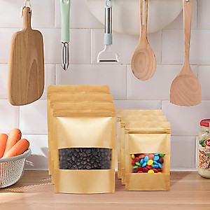 Kraft Bags With Window, 100 pcs 5.5" x 7.8", Stand Up Pouches, Sealable Bags for Packaging, Zip Lock Bags With Stickers and Spoon, For Cookie Bags/Candy Bags/Coffee Bags/Food Storage Bags (Brown)