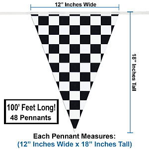Checkered Flags Black and White 100’ FT Pennant Racing Banner | NASCAR Theme Party Decoration Plastic Flag | Race Car Parties Décor | Decorative Birthday BBQ Bar Hanging Accessories | 1 Banner