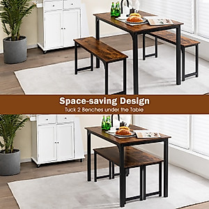Giantex Dining Table Set for 4, Industrial Kitchen Table Set w/ 2 Benches, Space-Saving Dinette Set for Breakfast Nook, Dining Room, Kitchen, Easy Assembly (Mix Brown)