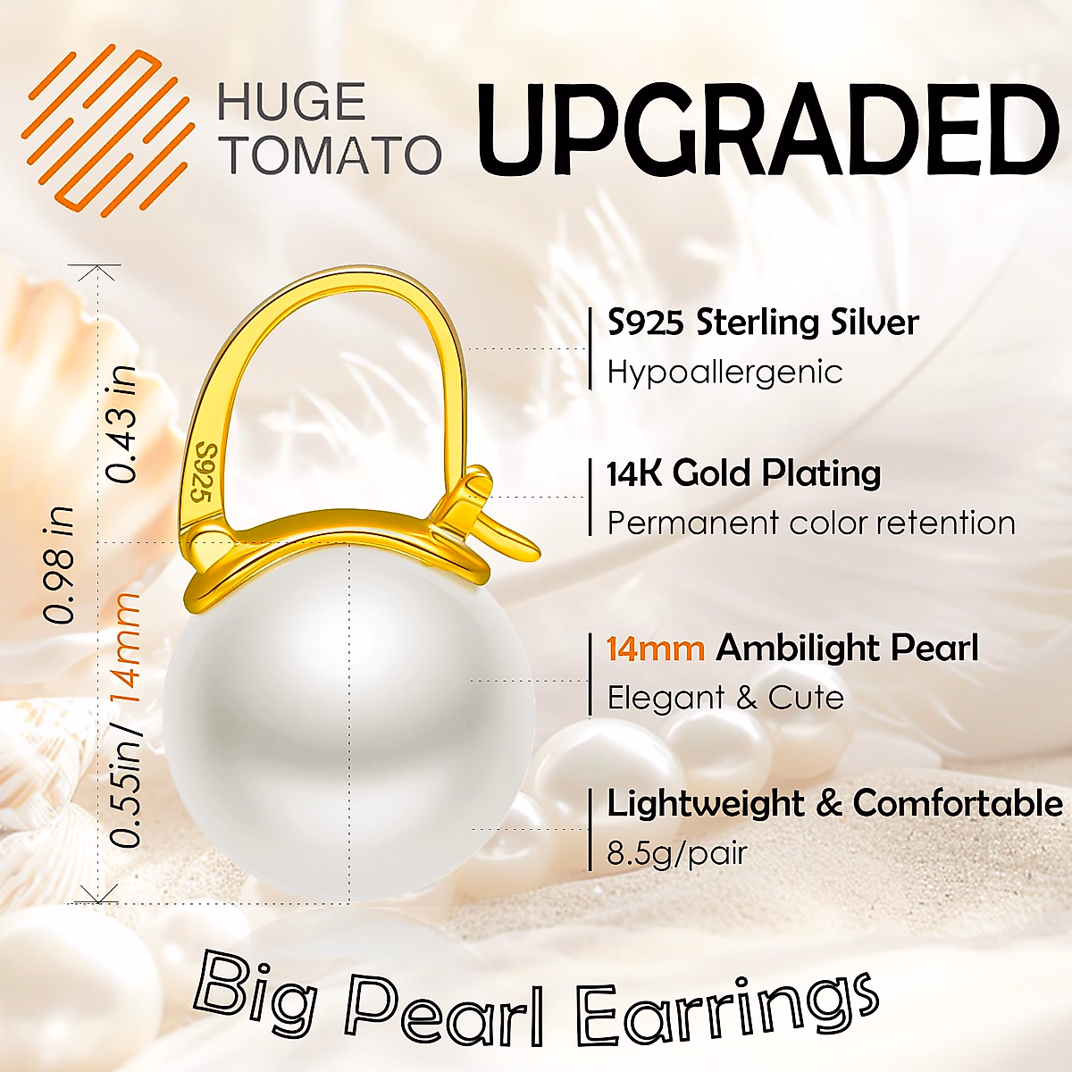 HUGE TOMATO Pearl Earrings for Women Trendy, 14mm 925 Sterling Silver Pearl Drop Earrings Fashion, 14K Gold Plated Hypoallergenic Large White Shell Pearl Hoop Earring Dangle Jewelry for Wedding Gift