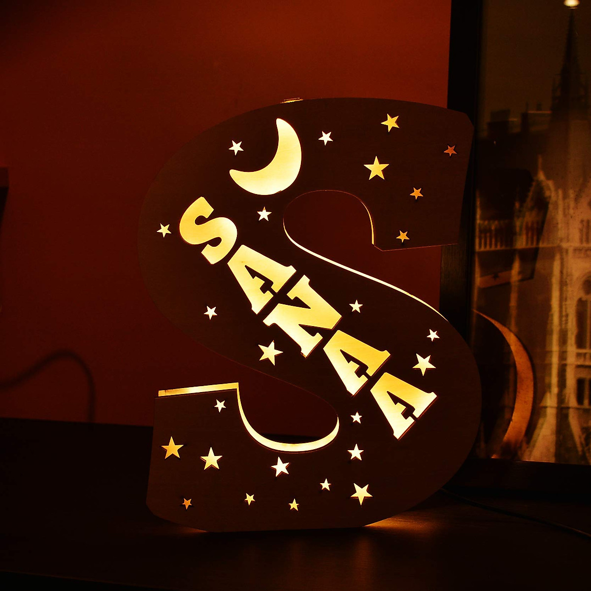 Name-Specific Wooden lamp Personalized Wood Letter Wall Light & Custom Sign Letters Wooden for Kids Room Wooden Children's Moon Stars Bedside lamp (Yellow)