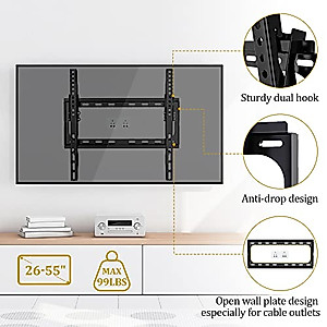 Tilting TV Wall Mount Low Profile for Most 26-55 inch Flat Screen Curved TVs, Wall Mount TV Bracket Max VESA 400x400mm and Holds up to 99lbs, TV Mount Fits Max 16 inch Wood Studs SIBEIKE
