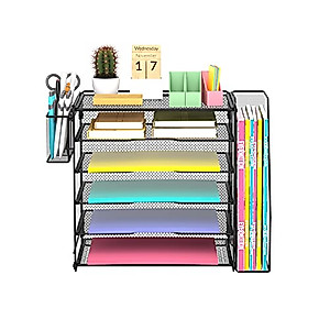Samstar Mesh Desk Organizer, Paper Letter Tray with 5 Tier Racks Shelves,1 Extra Vertical File Sorter and Pen Holders for Office Supplies,Black