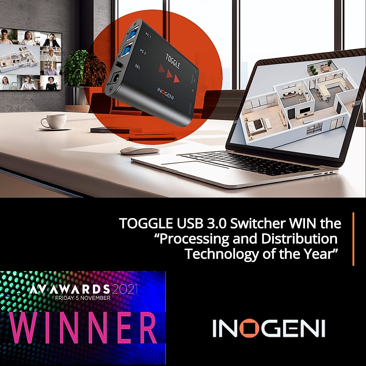 Toggle by INOGENI, Video Conference USB switcher (BYOD/BYOM), Plug and Go, Up to 3 Devices, Professional Device