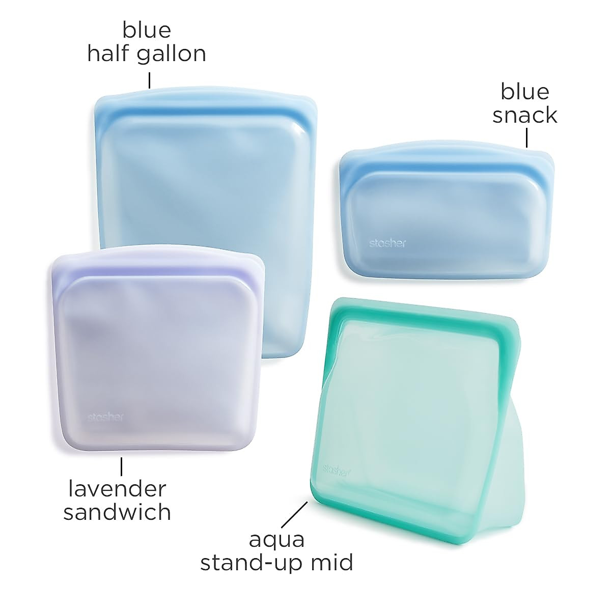 Stasher Premium Silicone Reusable Food Storage Bags, 4-Pack, Multi | Multi-Use Food Storage Bags, Lunch Bag, Travel Containers | BPA Free, Leak-free, Dishwasher-Safe, Eco-friendly