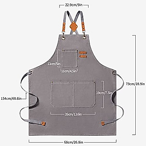 NLUS Canvas Chef Apron, Cross Back Heavy Duty Waterproof Work Apron with Adjustable Straps and Large Pockets for Men Women, Size M to XXL (GREY),27in * 30in
