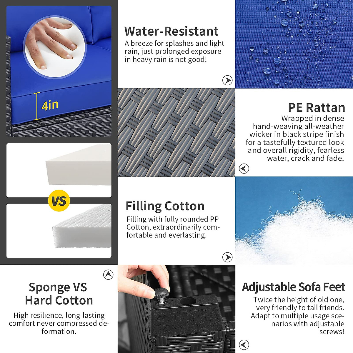 Rattaner Outdoor Wicker Furniture Set 5 Pieces Patio Sectional Sofa Couch Set with Storage Table Royal Blue Anti-Slip Cushions Furniture Covers