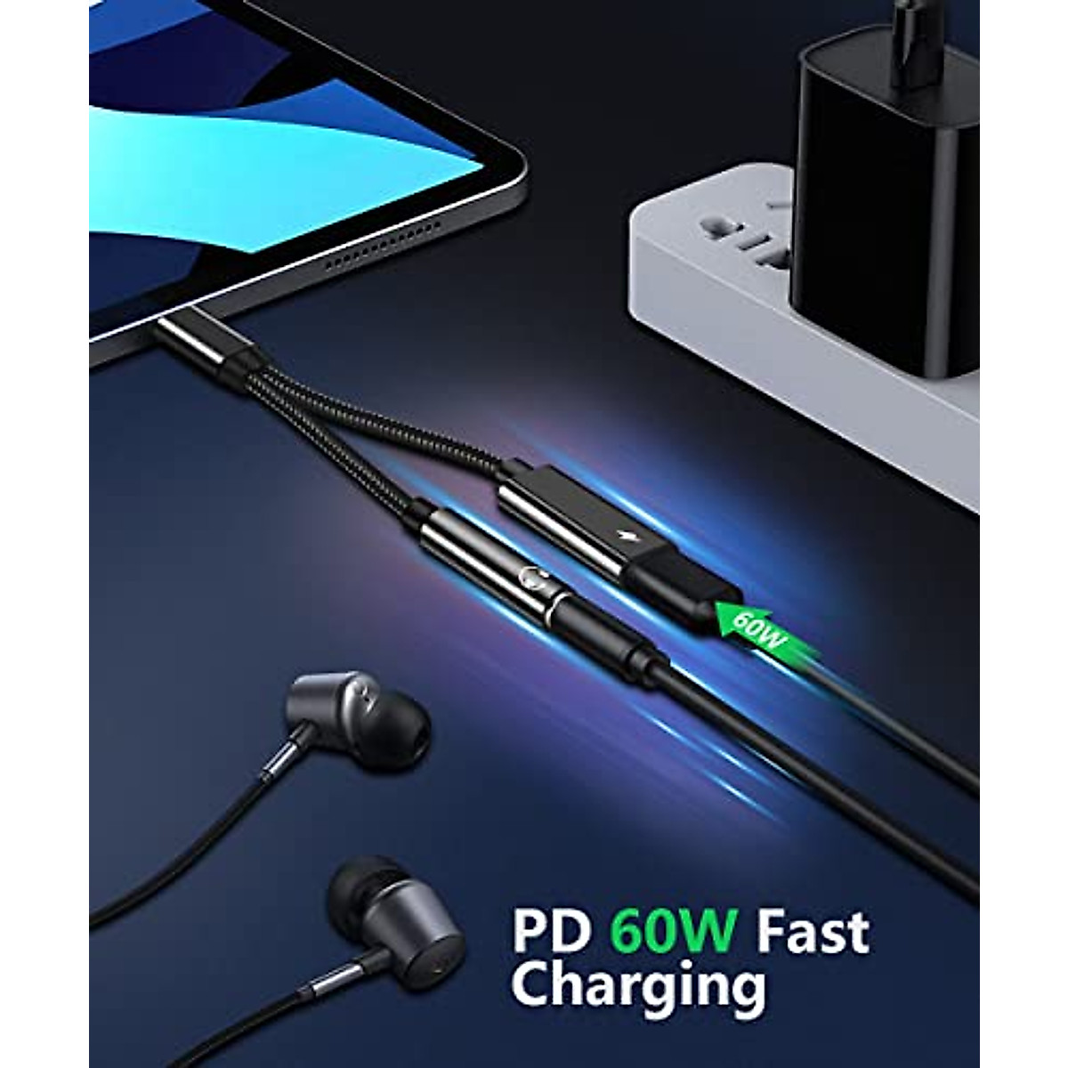 USB C to 3.5mm Headphone and Charger Adapter, 2 IN 1 Type C to Hi-Res DAC Aux Audio Jack PD 60W Fast Charge Dongle Fit with Galaxy S23 S22 S21 Ultra Note 20, Pixel 7 6 5XL 4, iPad/MacBook Pro/Air